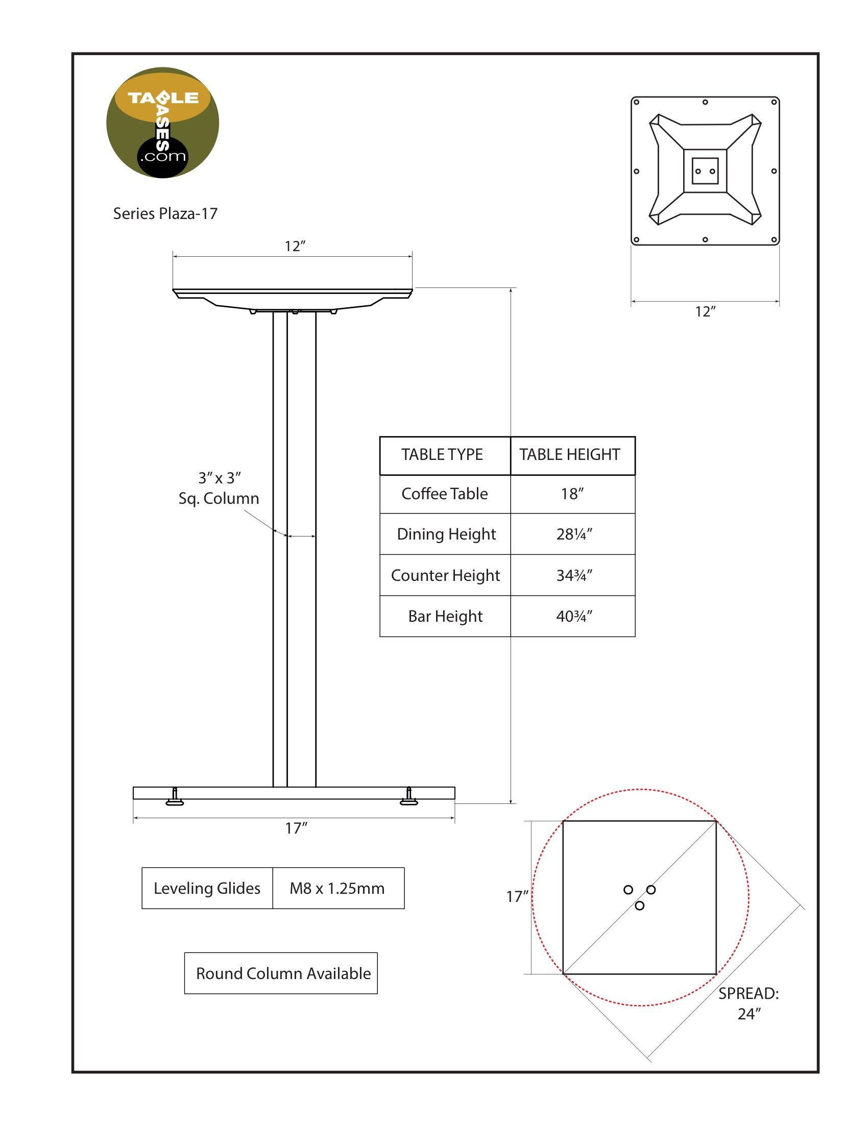 Plaza-17 Black Table Base - Square Column Counter Height (34 3/4")